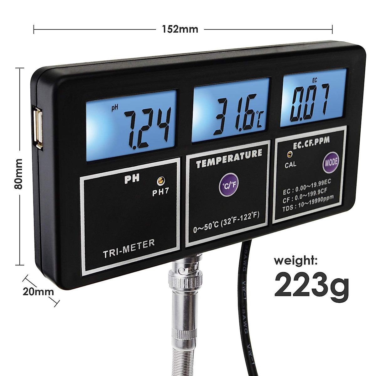 5-in-1 Water Quality Multi-Parameter PH EC CF TDS (ppm) Temperature Test Meter Backlight, Wall-mountable Rechargeable Continuous Monitor Tester, Aquariums Hydroponics Pool Fish Tank Pond Drinking