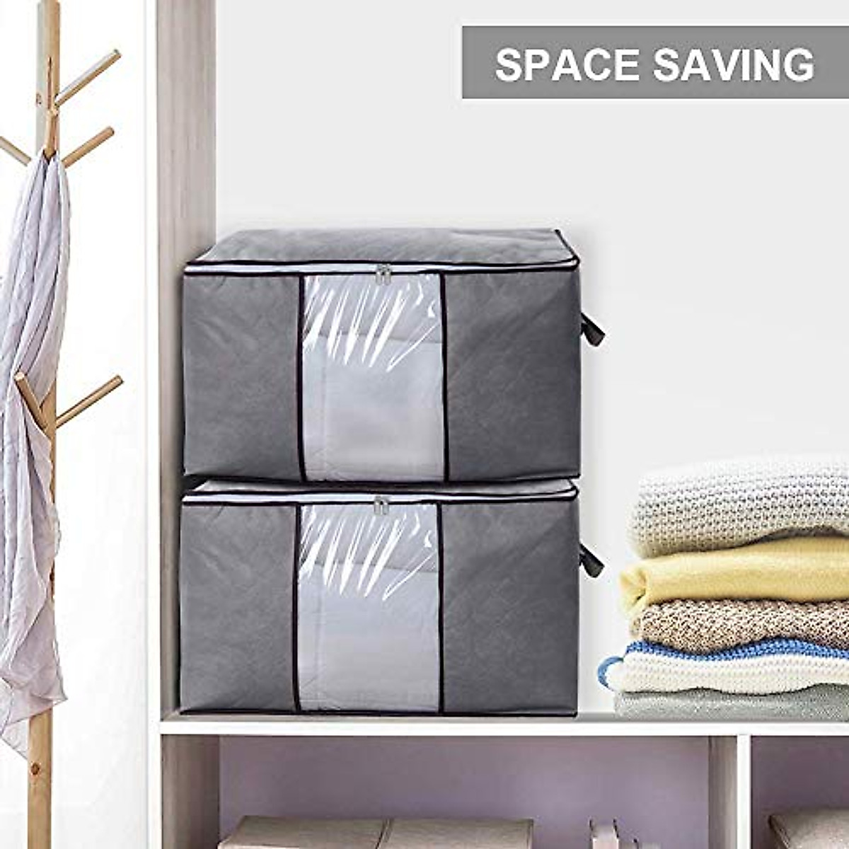 Large Capacity Clothes Storage Bag, Foldable Blanket Storage Organizers with Clear Window, Sturdy Zippers, Durable Handles for Comforters, Bedding, Clothing(4Pack, Grey)