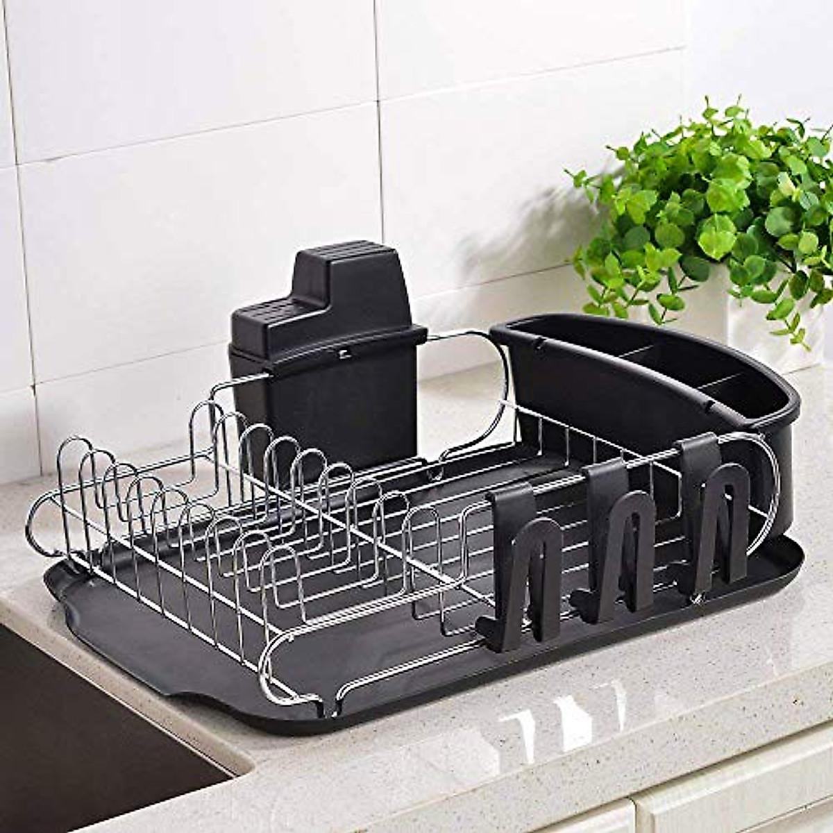 LOCLGPM Rust Proof Small Space Dish Drying Rack, Modern 1 Tier Dish Drainer with Black Removable Drainboard, Utensil Holder and Cup Holder for Organizer Storage Counter Kitchen Over The Sink