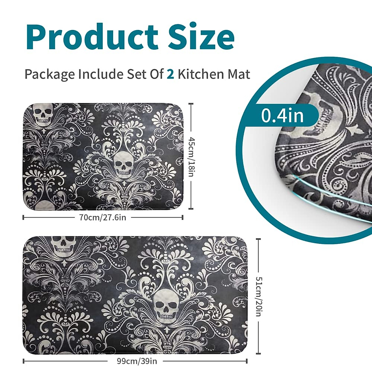 Sugar Skull Kitchen Mats 2 Pcs Anti Fatigue Halloween Skull Kitchen Floor Mats Washable Water Absorbent Gothic Skeleton Kitchen Rugs for Bathroom Laundry Sink Kitchen Standing Mat
