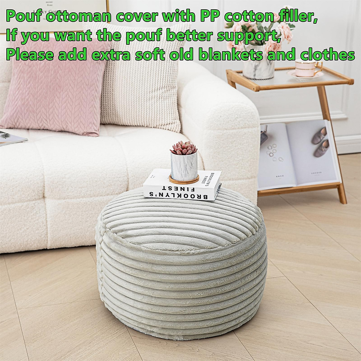 Round Stuffed Pouf Ottoman 20x20x12 Inches Faux Fur Ottoman Foot Rest Under Desk Foot Stool Great for Living Room, Bedroom Small Furniture (Light Gray Pouf with Filler)