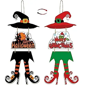 Reversible Witch Halloween Decor/Christmas Decorations for Home Indoor Outdoor, 25×10 inch Wooden Happy Halloween Wall Porch Door Sign Hanging Decor, Merry Grinchmas Door Decor Xmas Holiday Decoration