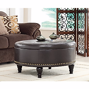 OSP Home Furnishings Augusta Round Storage Ottoman with Decorative Nailheads and Flip Over Lid with Serving Tray Surface, Espresso Faux Leather