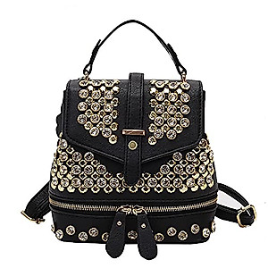 Teanea Rhinestone Studded Leather Flap Backpack Purse Black Crossbody Shoulder Bag for Women Girls, Gold