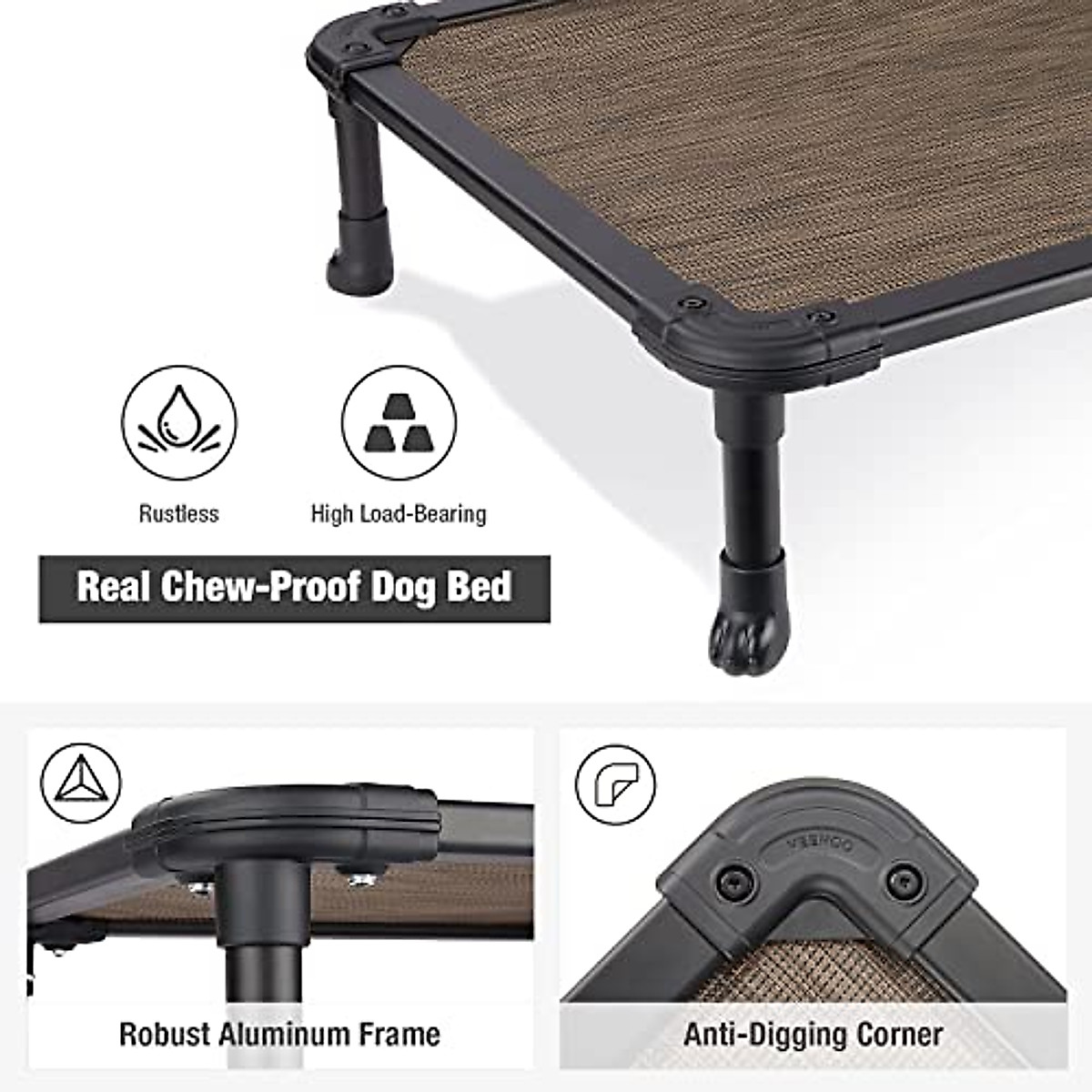 Veehoo Chew Proof Elevated Dog Bed - Cooling Raised Pet Cot - Rustless Aluminum Frame and Durable Textilene Mesh Fabric, Unique Designed No-Slip Feet for Indoor or Outdoor Use, Brown, X Large