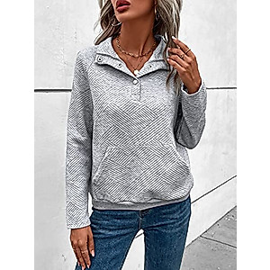 GORGLITTER Women's V Neck Sweatshirt Quilted Pullover Long Sleeve Knit Collar Pullover Tops Fall Clothes Light Grey Large