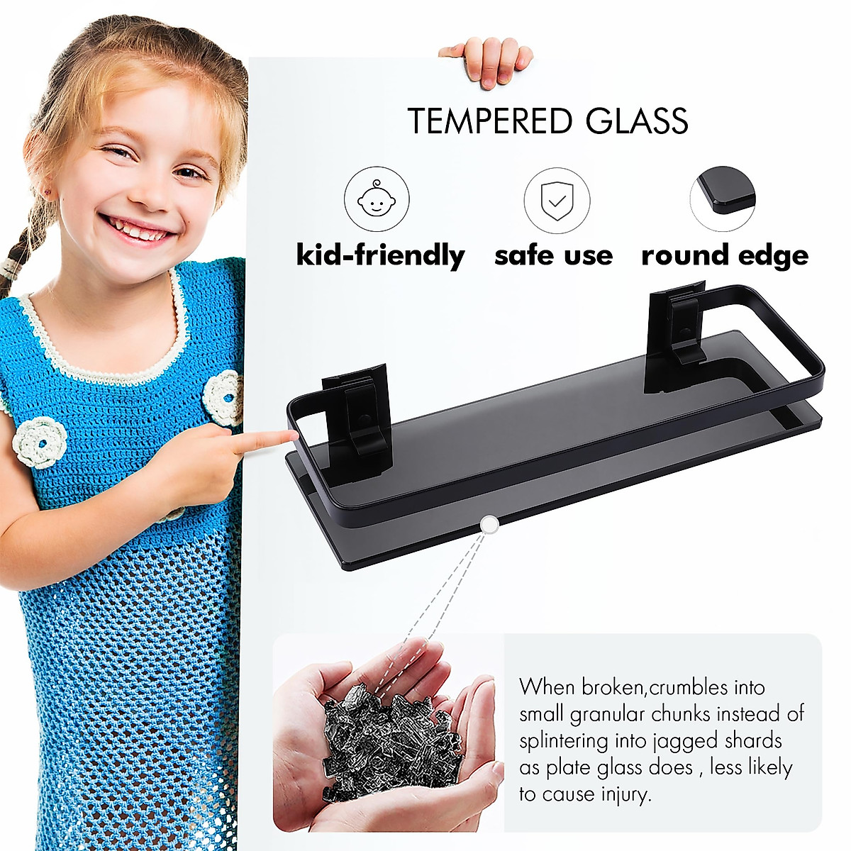 KES Bathroom Glass Shelf Aluminum Black Extra Thick Tempered Glass Rectangular 1 Tier Basket Wall Mounted, 2 Pack, A4126A-BK-P2