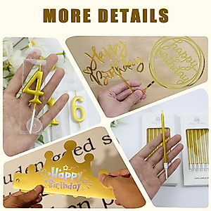 Chanseen 25Pcs Gold Birthday Candles Topper Crown Set - Number Candles 0 1 2 3 4 5 6 7 8 9, 12Pcs Long Thin Metallic Candles, 2Pcs Cake Toppers and Birthday Paper Crown Hat for Cake Decorations Party