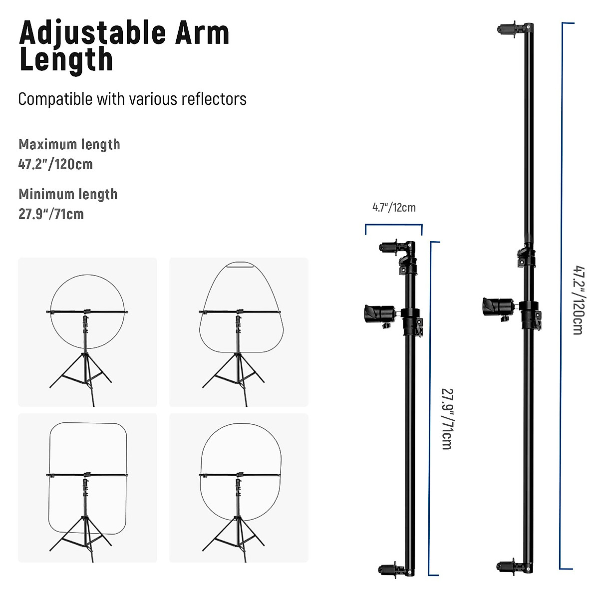 NEEWER Extendable Reflector Holder Arm with 6.6'/2m Stand & Bag, Photo Studio Telescopic 27.9” to 47.2” Boom Arm 360° Swivel Reflector Bracket for Product, Portrait, Studio & Outdoor Photography