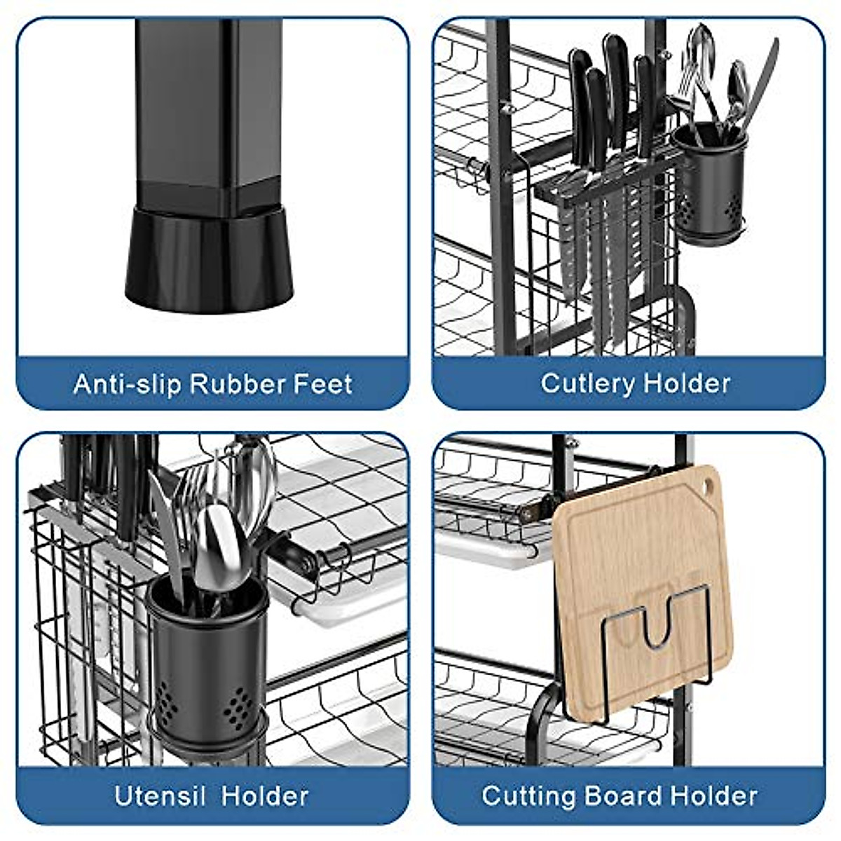 GSlife Dish Drying Rack, Stainless Steel 3 Tier Dish Rack with Tray Utensil Holder, Large Capacity & Rust-Resistant Dish Drainer for Kitchen Counter, Black
