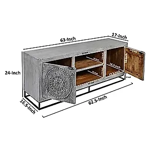 The Urban Port 63-Inch Handcrafted TV Media Entertainment Console, 2 Medallion Engraved Doors, Sandblasted Gray Mango Wood, Black Iron Stand