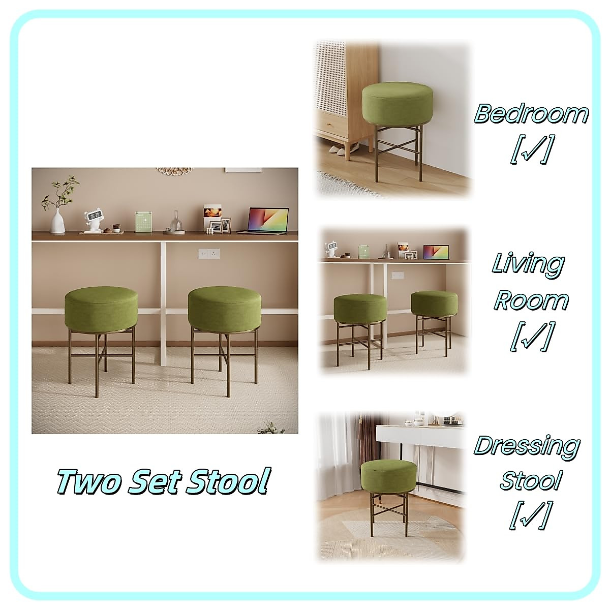 Cute Vanity Chair, Small Makeup Vanity Stool Set of 2, Linen Upholstered Stool Chair for Desk, Modern Round Foot Stools Ottoman with Gold Legs for Girls Makeup Room Living Room Bedroom (Green, 14.9")