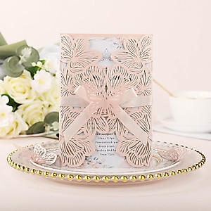 50pcs Pink Wedding Invitations Personalized with Envelopes and RSVP Cards Blank Laser Cut Hollow Flower Invitation Kits Butterfly Invitations for Engagement Wedding Birthday Party Bridal Shower