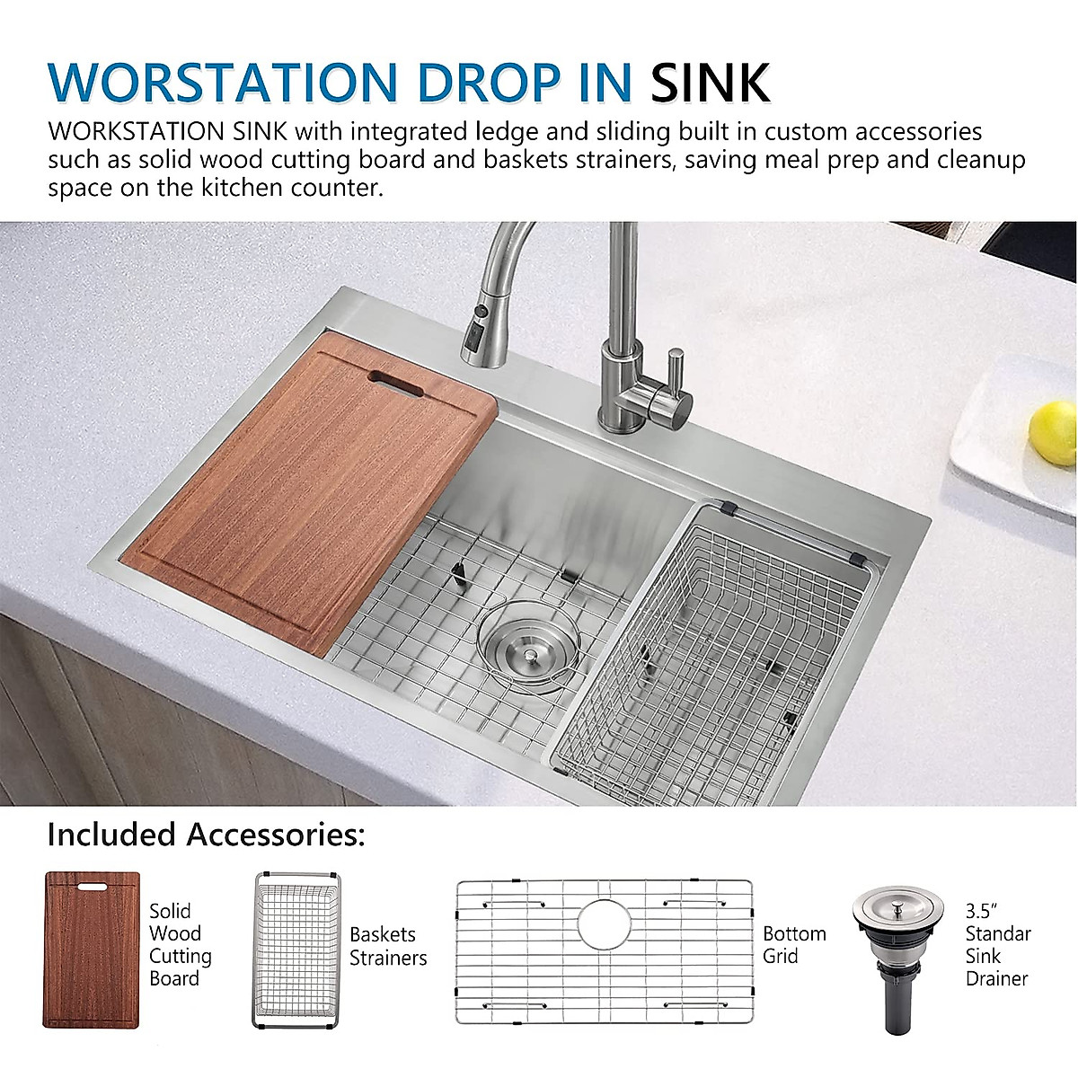 33 inch Drop in Workstation Kitchen Sink, Doirteal 33x22x10 Inches 16 Gauge Stainless Steel Topmount Stainless Steel Single Bowl Workstation Kitchen Sinks BL20