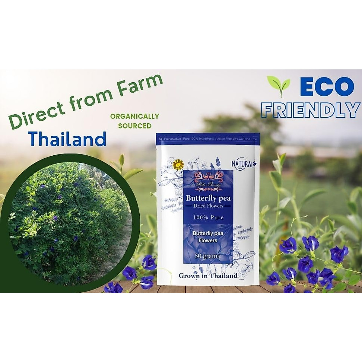 Hida Beauty Butterfly pea Flowers 1.76oz Premium Dried whole flowers Blue Color for tea drinks hot cool purple violet funness party food bakery pasta cocktail rice