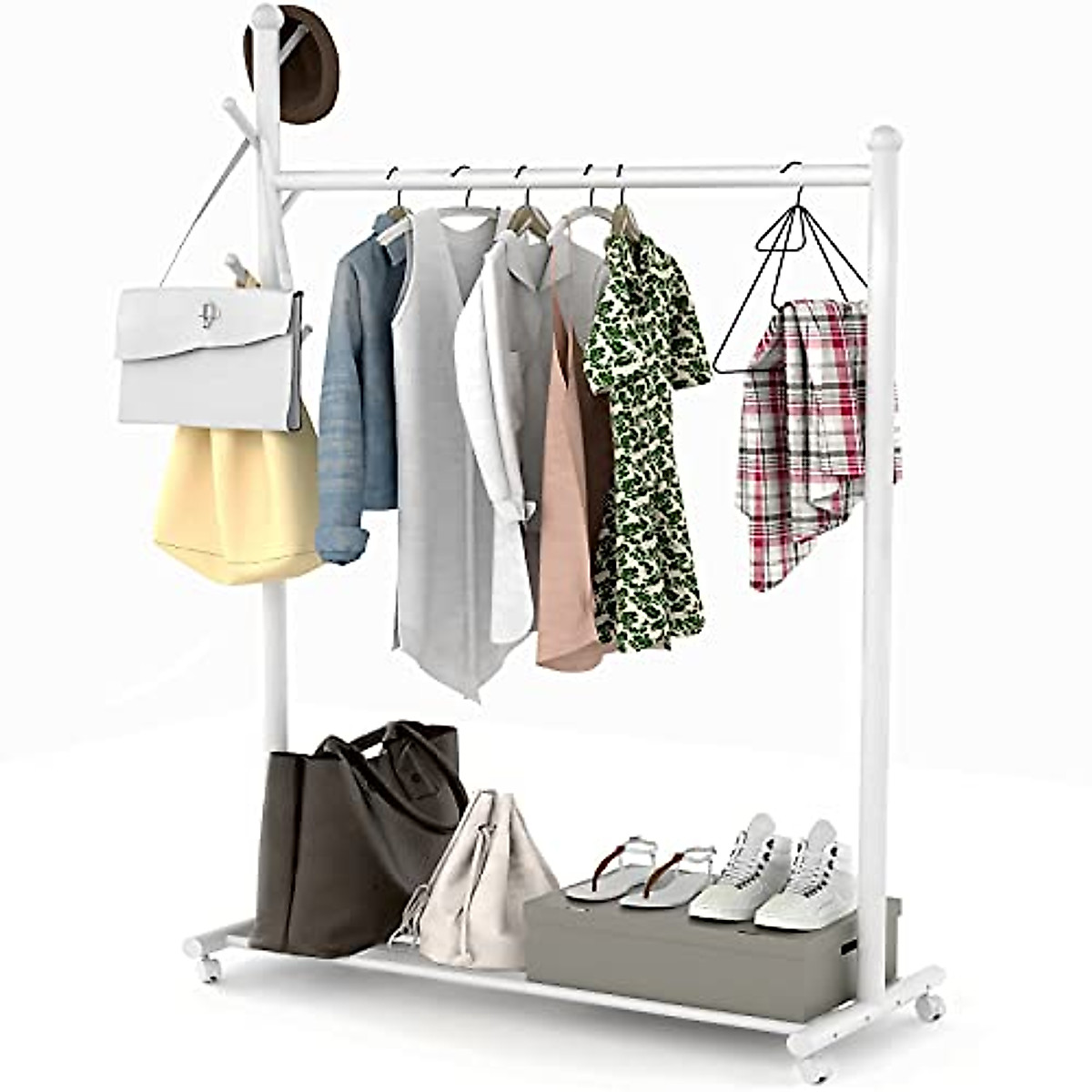 EKNITEY Clothes Garment Rack Portable - Rolling Clothing Organizer Rack on Wheels with Bottom Shelves (White)