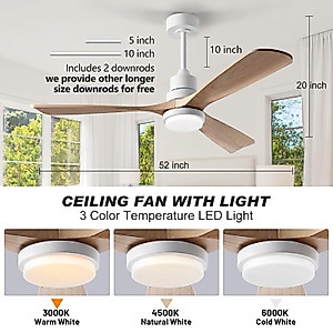 FXZZ 52 Inch Ceiling Fans with Lights and Remote, Quiet Reversible DC Motor and 3 Color LED Light, 3 Blades 6 Speed Wood Ceiling Fan for Farmhouse Living Room Bedroom Dining Room Workroom Study