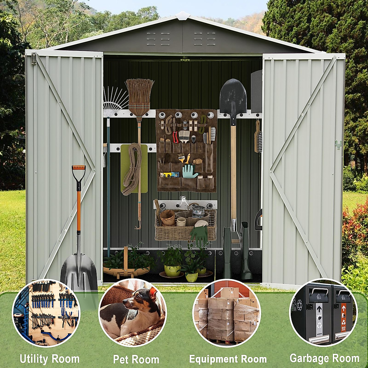 6x8 FT Outdoor Storage Shed, Garden Tool Storage Shed with Sloping Roof and Double Lockable Door, Outdoor Shed for Garden Backyard Patio Lawn