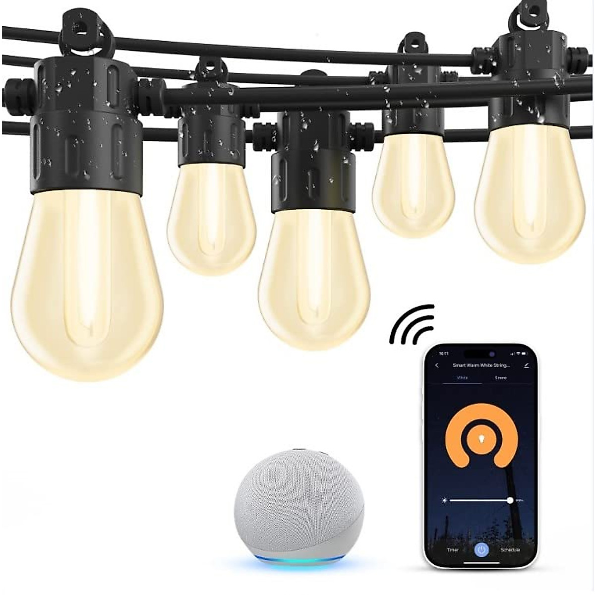 Hiismarter Patio Outdoor Lights, 48ft Smart LED String Lights with Alexa Control, Dimmable and Waterproof for Perfect Balcony, Backyard, Party, Wedding, Christmas and Camping Ambience