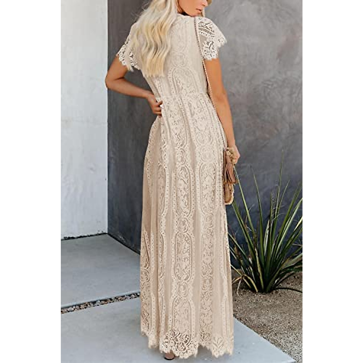 PRETTYGARDEN Women's Floral Lace Maxi Dress 2023 Short Sleeve V Neck Bridesmaid Wedding Evening Party Dresses (Apricot,Medium)