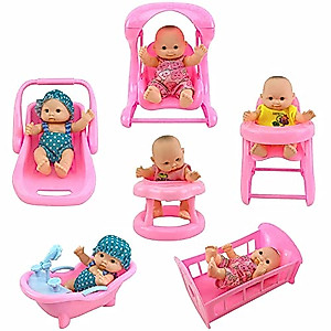 Liberty Imports 6 Pack: Mini Baby Newborn Dolls Collection - Includes Cradle, High Chair, Walker, Swing, Bathtub and Infant Seat, Pretend Toys Playset for Kids