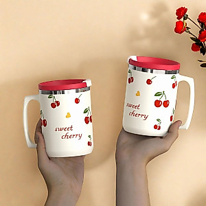 Maiyuansu Cherry Print Stainless Steel Tumbler with Handle Insulated Coffee Cup with Hadle and Lid Portable Travel Mug Water Bottle Double Wall Insulation