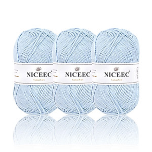 NICEEC 3 Skeins Soft Cotton Yarn 5ply Baby Cotton Yarn for Knitting Crochet Baby Weight Yarn Cotton Blend Yarn Total Length 3×220m(3×240 yds,100g×3)-Light Blue