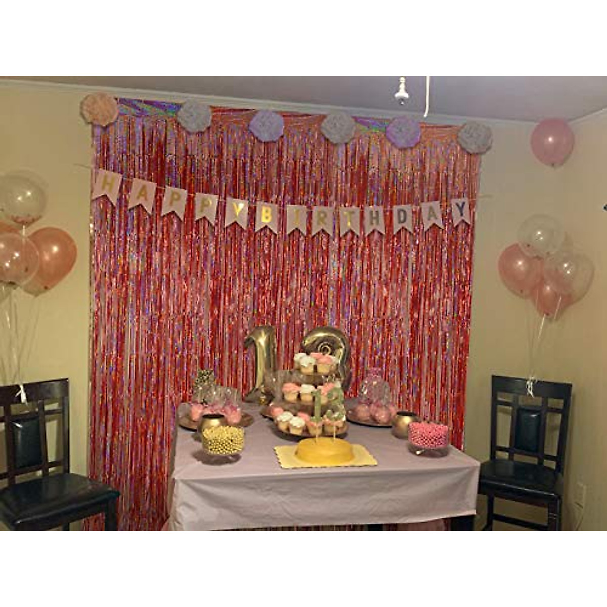 Foil Fringe Curtains Party Decorations - Melsan 3 Pack 3.2 x 8.2 ft Tinsel Curtain Party Photo Backdrop for Birthday Party Baby Shower or Graduation Decorations Rose Gold
