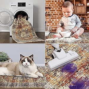 ROYHOME Area Rug 8x10 Machine Washable Rug Traditional Distressed Carpet Stain Resistant Non-Slip Floor Cover Carpet Rug Oriental Medallion Accent Rug for Living Room Bedroom Dining Room, Orange