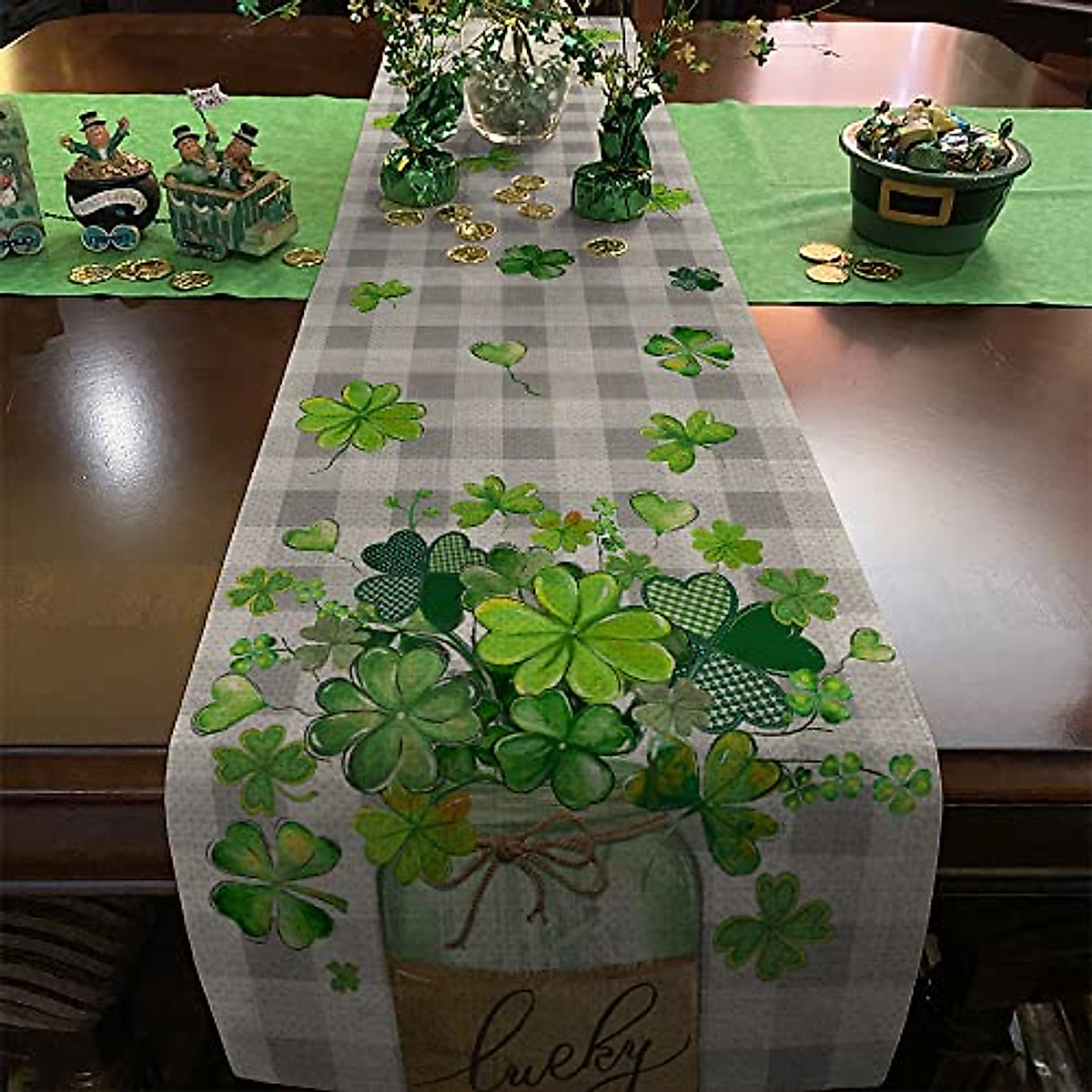 ARKENY St Patricks Day Lucky Green Shamrock Table Runner 72 Inches, Vase Buffalo Plaid Spring Seasonal Holiday Decor for Dining Table Indoor Home Farmhouse Tabletop Decoration AT387