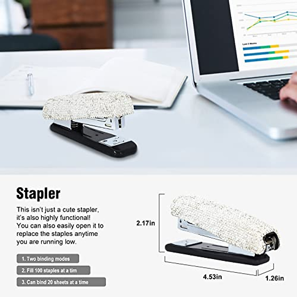 KEYPOWER Bling Crystal Luxury Handmade Diamond Pencil Pen Pot Holder & Stapler & Card Holder & Desktop Tape Dispenser Office Stationery Kit for Fashion Girls Women (White Round)