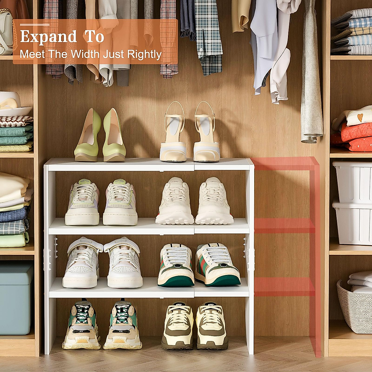 White Shoe Rack Organizer for Closet, 3-Tier Expandable Shoe Shelf, Stackable Iron Wood Combination Shoe Racks Shelves for Closets, Entryway,Small Space,Hallway,Garage,Holds 8-16 Pairs of Shoes