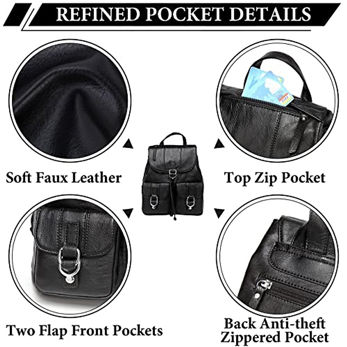 VASCHY Mini Backpack Purse for Women, Fashion Faux Leather Buckle Flap Drawstring Backpack for College with Two Front Pockets Black