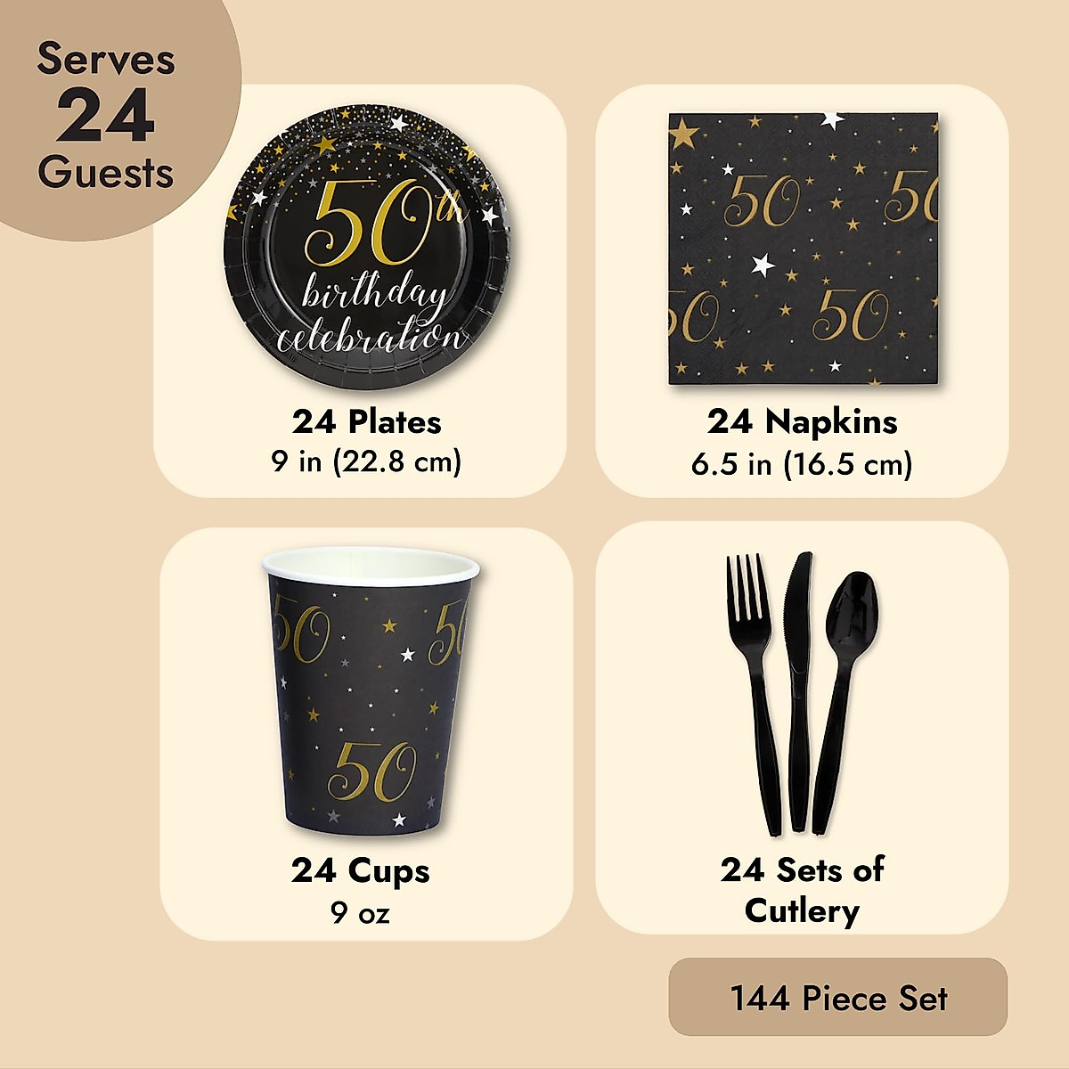 BLUE PANDA 144 Pieces 50th Birthday Party Supplies, Black and Gold Paper Plates, Napkins, Cups, Cutlery, Decorations (Serves 24) - 50th Party Decorations