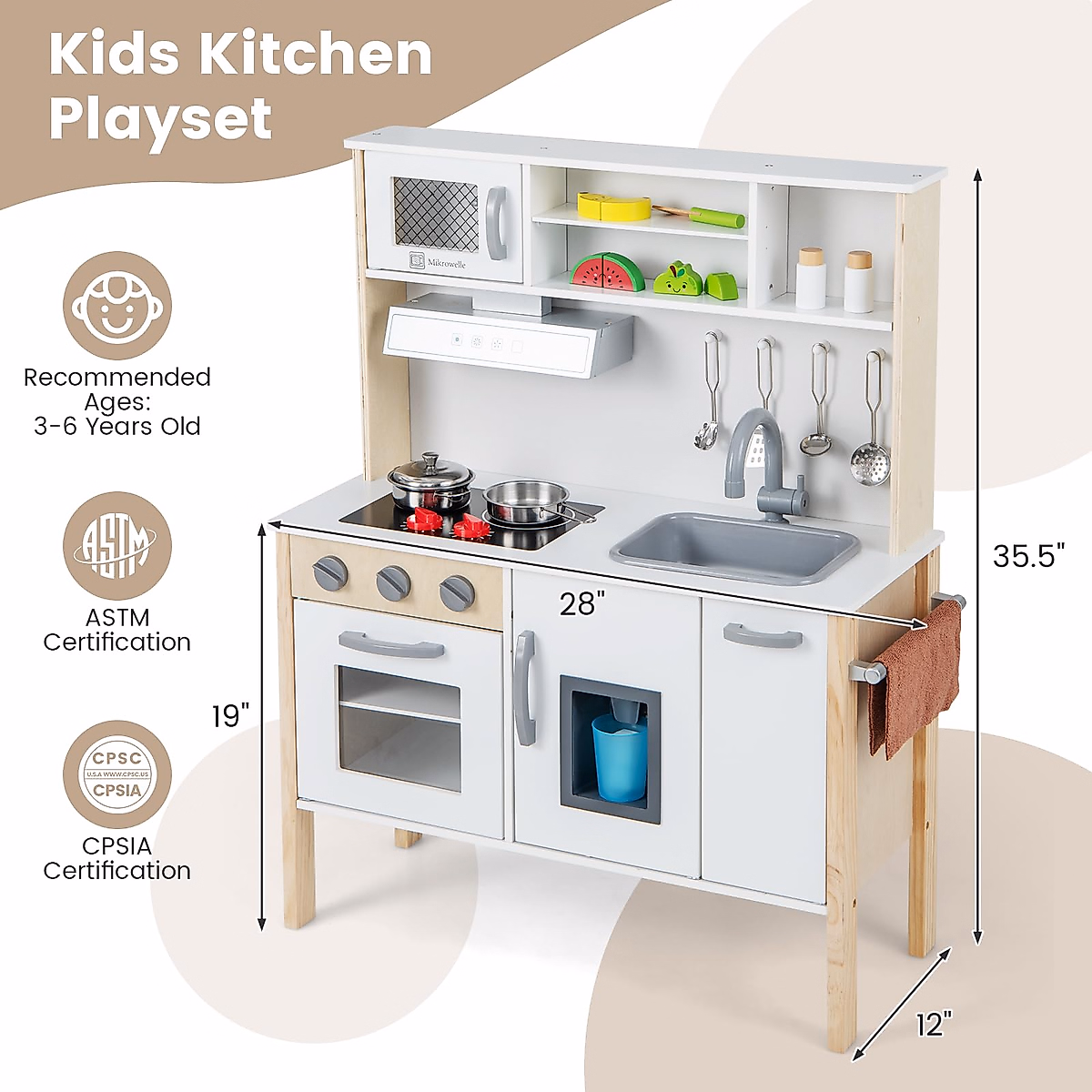 HONEY JOY Kids Kitchen Playset, Wooden Play Kitchen for Toddlers, Microwave, Range Hood, Ice Maker, 18 Cooking Accessories, Little Chef Pretend Play Toy Kitchen Set, Gift for Boys Girls, Natural