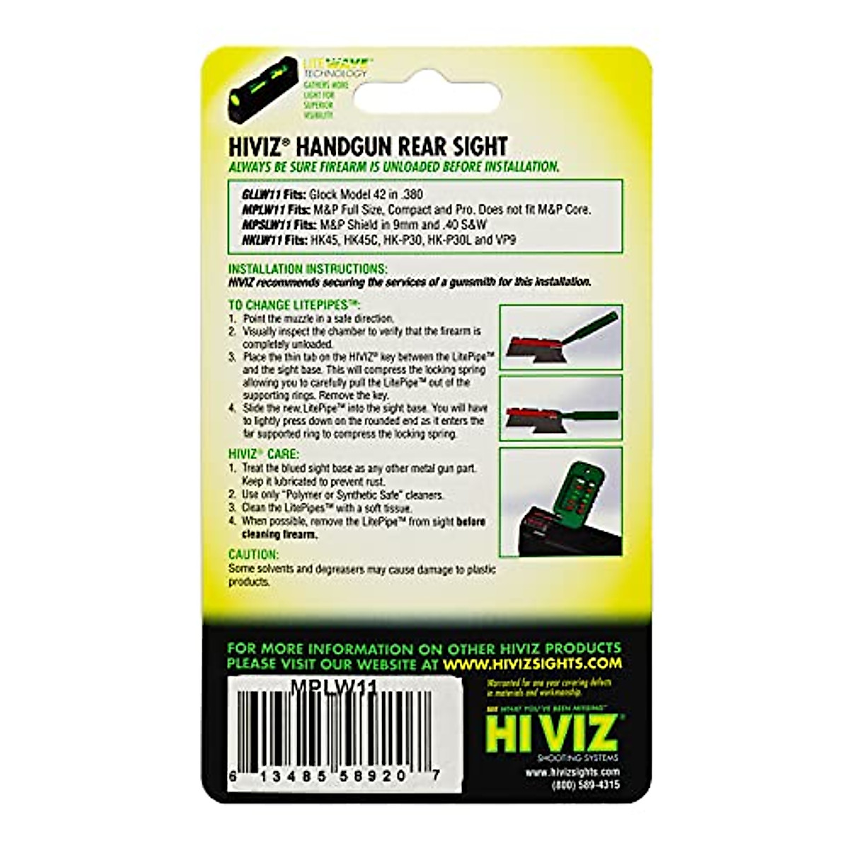 HIVIZ unisex adult HiViz MPLW11 Interchangeable LITEWAVE Rear Handgun Sight for Smith Wesson M P Full Size Compact E, Green, Red, and Black, One Size US