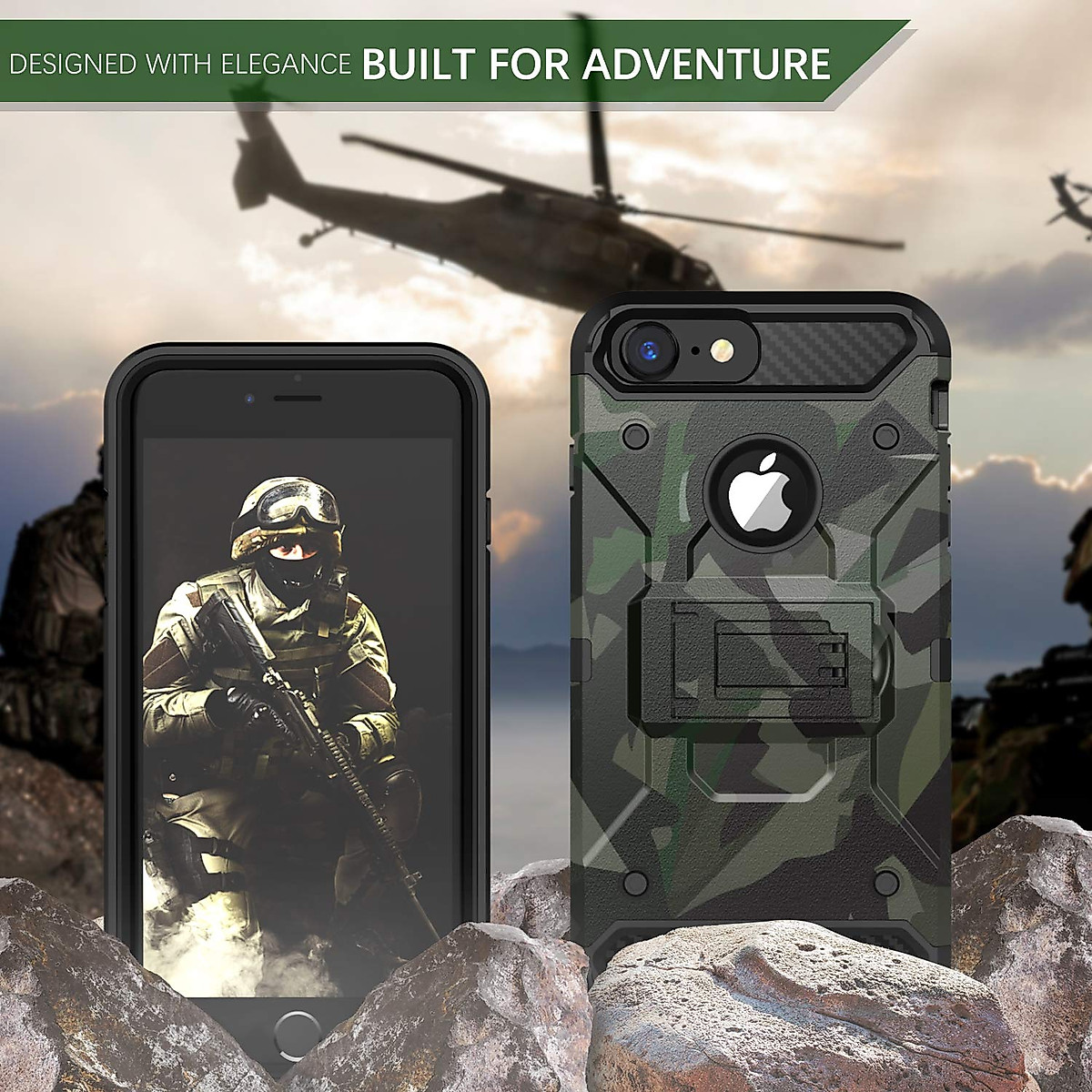 HUATRK iPhone 8 Plus Case,iPhone 7 Plus Case,iPhone 6 Plus Case,iPhone 6s Plus Case Man Boys Military Kickstand Three Layer Heavy Duty Shockproof Protective Camo Cover,Camouflage Green