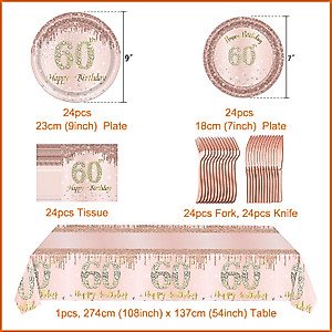 Rose Gold Birthday Party Supplies,Disposable Party Tableware Sets - 60 Years Paper Plates,Napkins,Plastic Forks Knives,Tablecloths,60th Birthday Decorations for Women,24 Guests