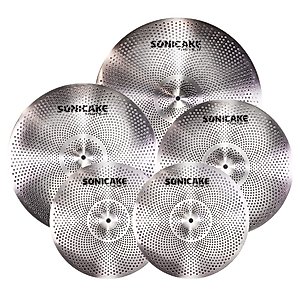 SONICAKE Low Volume Cymbal Pack Quiet Cymbal Set 14"Hi-hats+16"Crash+18"Crash+20"Ride 5 Pcs Mute Drum Cymbal Set Quiet Practice Cymbal, Sliver