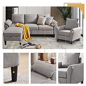 2 Piece Sectional Sofa Set, 3 Seat L Shaped Couches with Reversible Chaise Single Seat Accent Chair Polyester Fibre for Living Room, Light Grey