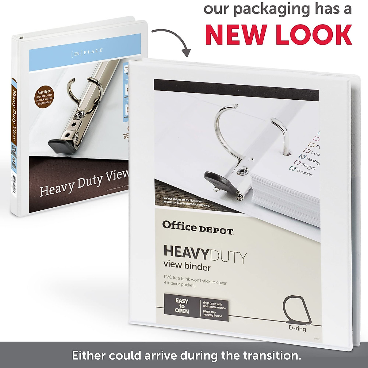 Office Depot® Brand Heavy-Duty View 3-Ring Binder, 1" D-Rings, Black, 49% Recycled, Pack of 4