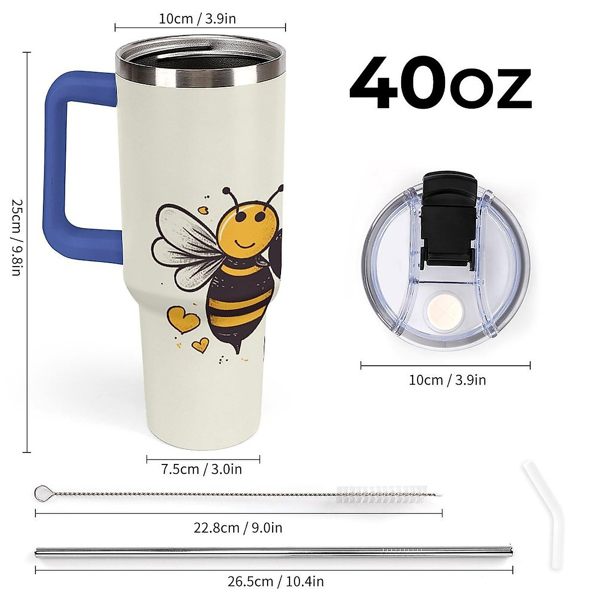FHENMSA 40 Oz Insulated Coffee Mug Tumbler with Handle,Bee Love Honey Print Insulated Tumbler,Stainless Steel Travel Mug with Lid And Straw