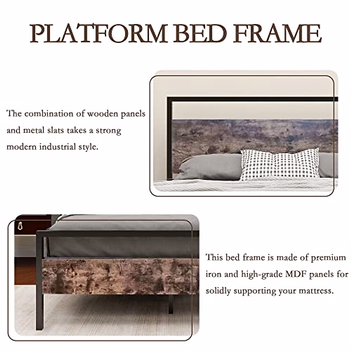 NNV Metal Platform King Size Bed Frame with Wooden Headboard and Footboard, Strong Metal Slats Support Mattress Foundation No Box Spring Needed Easy Assembly Black