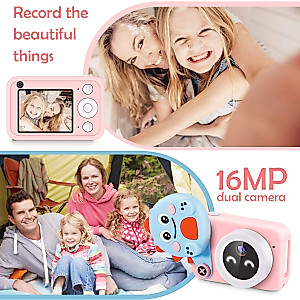 RenFox Kids Camera, 2.4'' 16MP Dual Lens Selfie Camera1080P HD Digital Video Camcorder, Toys and Birthday for Girls Boys Age 3-10, Toddler Beginner Camera with 32GB SD Card - Pink