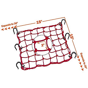 Thewinio Cargo Net 15"x15" Stretches to 30"x30" with Thicken Hooks | Natural Latex Core, Tight 2”x2” Mesh Small Heavy Duty Bungee Net for Motorcycle Helmet, Bike, ATV, UTV, Luggage (Red, 2 Pack)