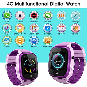 4G Kids Smart Watch with GPS Tracker and Calling, IP67 Waterproof, 2-Way Calls, GPS Tracker, SOS Kids Cell Phone Wrist Watch for Age 3-14 Girls Boys Girls Christmas BirthdayBirthday Gifts (purple)