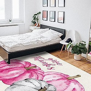 Pink White Pumpkin Area Runner Rug Carpet 3'x5',Outdoor Indoor Kitchen Living Room Bathroom Bedroom Classroom Washable Bath Rug,Doormat Desk Welcome Floor Door Mat,Thanksgiving Harvest Festival Fall