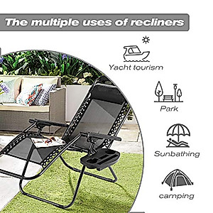 HCB Reclining Patio Chairs Zero Gravity Chair Portable Lawn Chairs Foldable Outdoor Mesh Lounge Chair with Adjustable Headrest Pillow Cup Holder Trays, Set of 2 (Black)