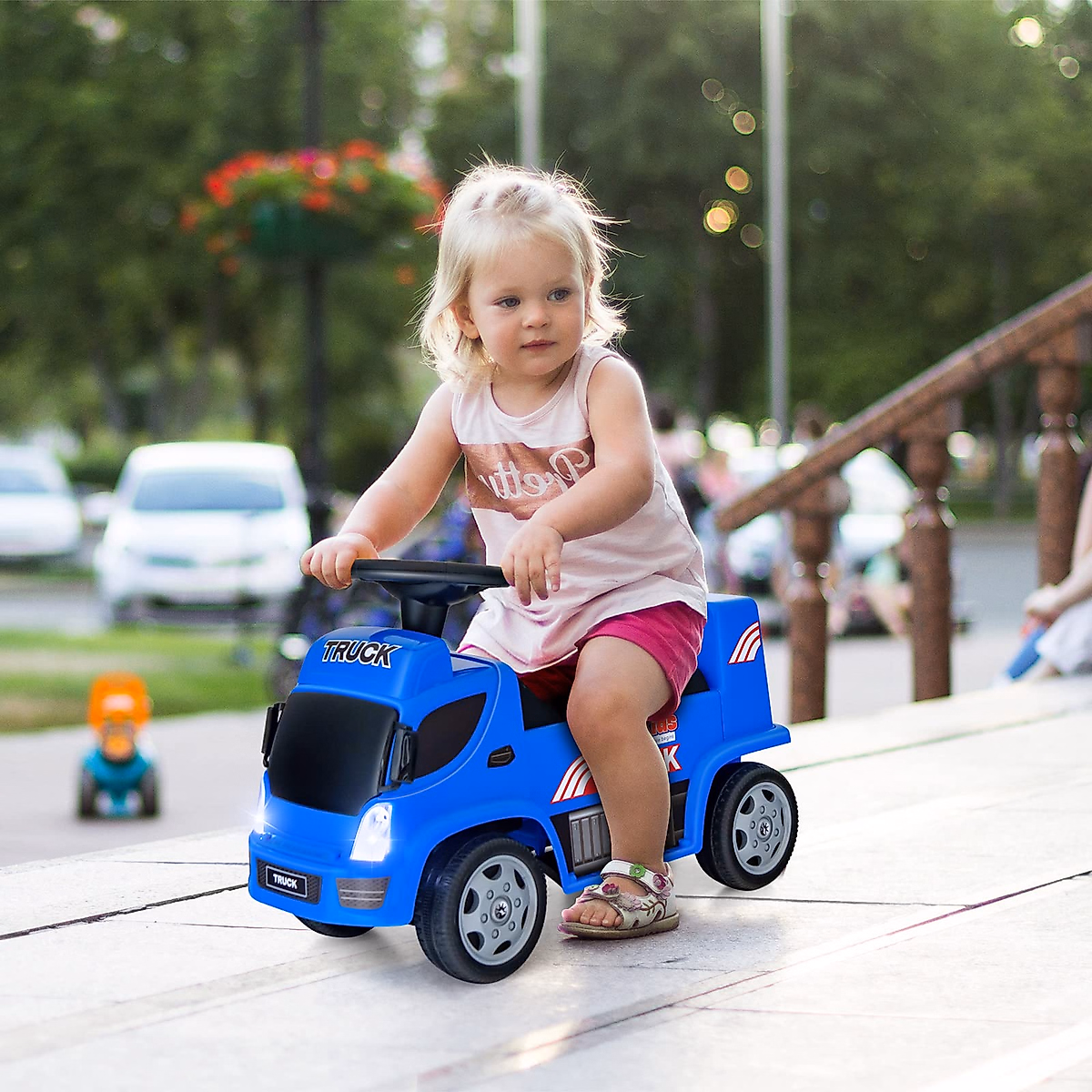 OLAKIDS Kids Ride On Push Car, 2 in 1 Foot-to-Floor Sliding Truck with Detachable Trailer, Steering Wheel, Headlights, Music, Alarm Sound, Toy Walker Gift for Toddlers Age 1.5-3 Boys Girls (Blue)