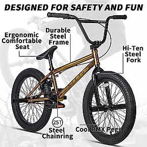 cubsala 20 Inch BMX Bike Freestyle Bicycles for 6 7 8 9 10 11 12 13 14 Years Old Boys and Beginner Riders, Gold with Black Tires